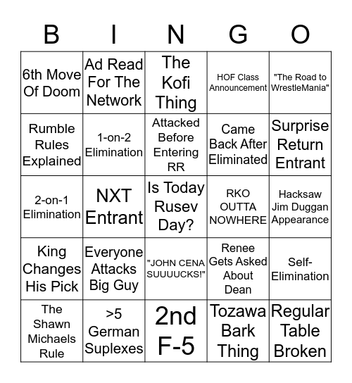Rumble Bingo Card