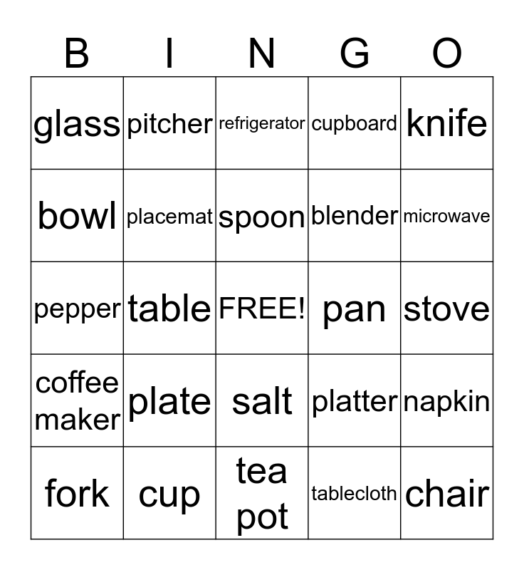 Kitchen Bingo Card