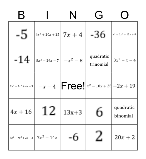 Polynomial Bingo Card