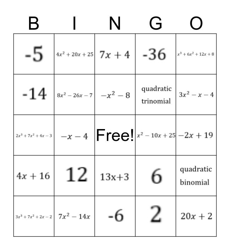 Polynomial Bingo Card