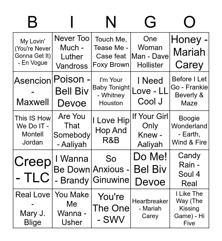 Hip Hop And R&B Bingo Brunch @ Factory Cafe Bingo Card