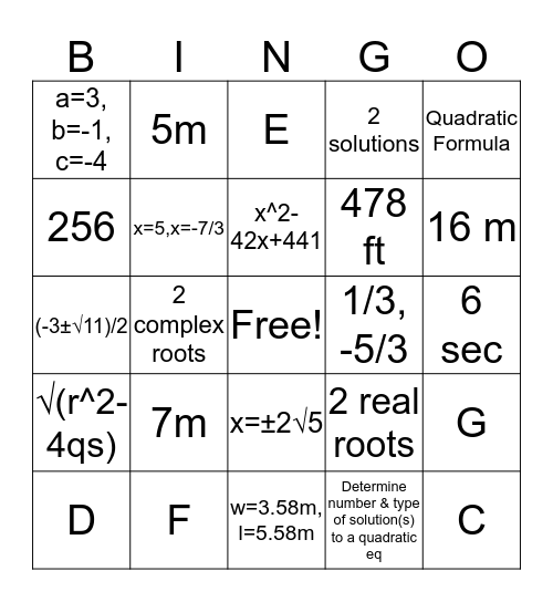 Quadratics Bingo Card