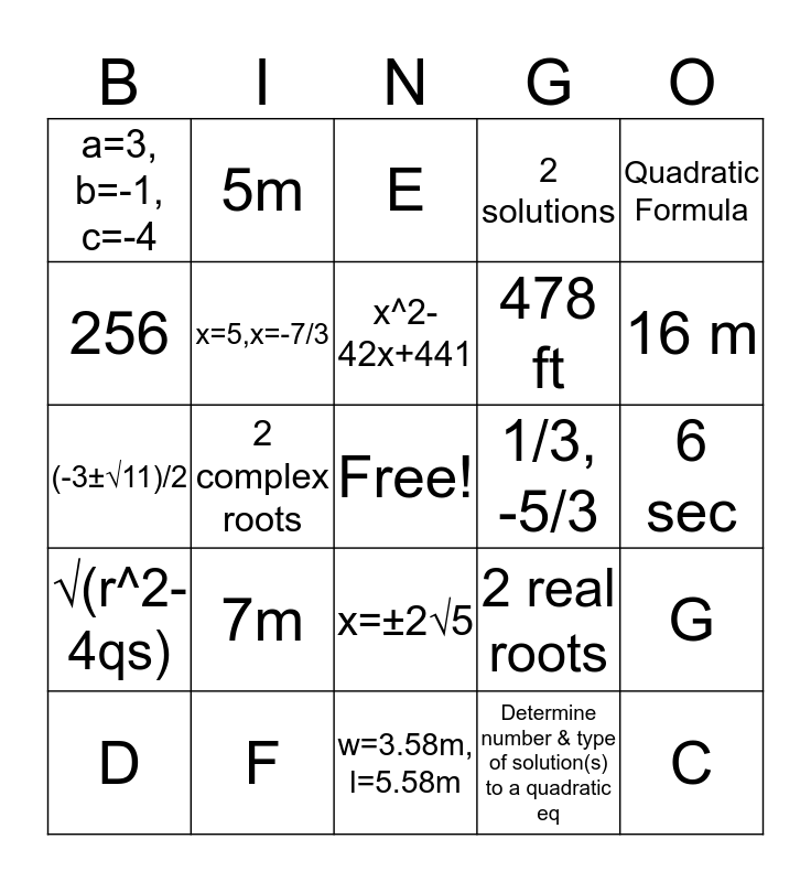 Quadratics Bingo Card