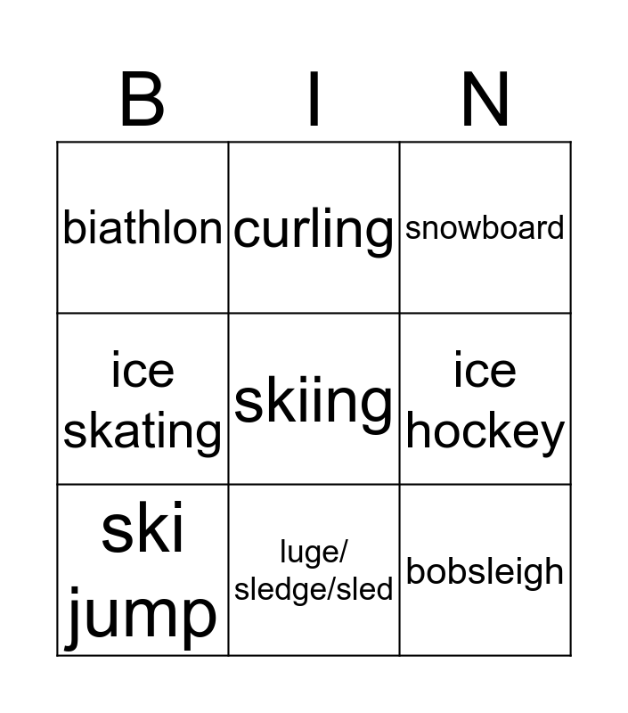 Winter Sports Bingo Card