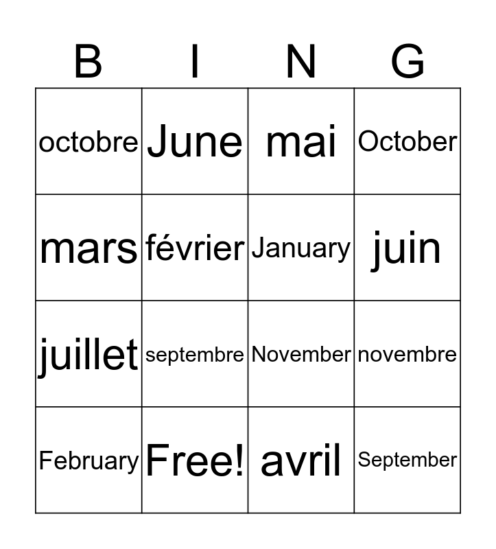 Les Mois de l'Année Bingo Card