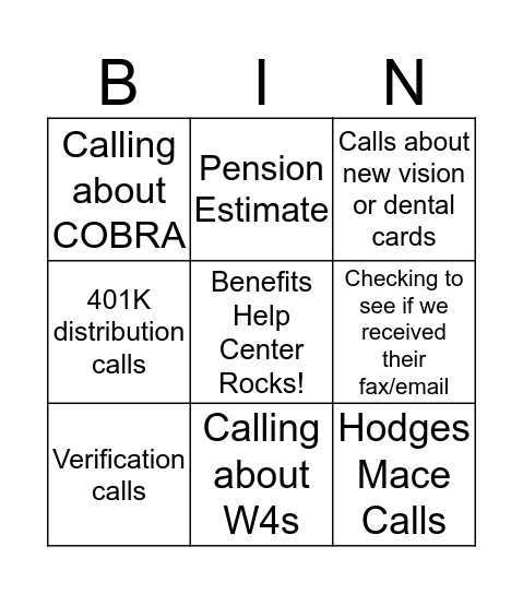 Benefits Help Center Bingo Card