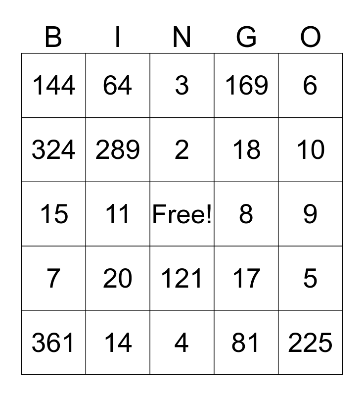 Squares and Square Roots Bingo Card
