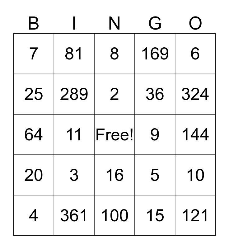 Squares and Square Roots Bingo Card