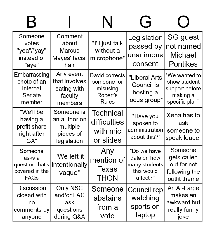 Senate GA Bingo Card