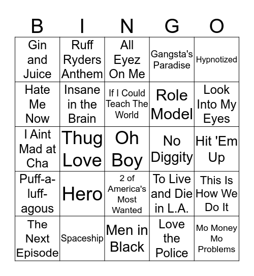90s Rap Bingo Card