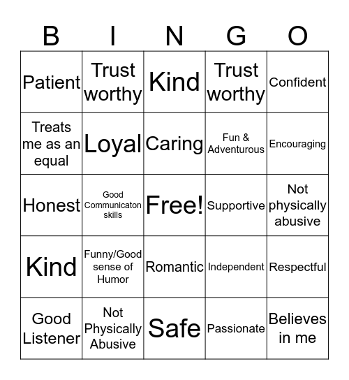 Healthy Relationship Bingo Card
