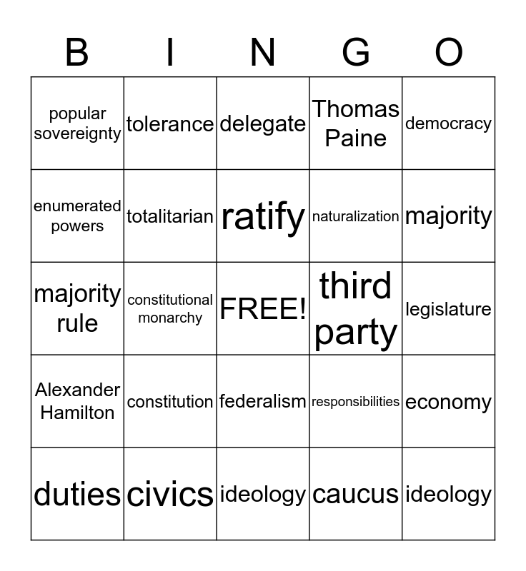 Midterm Civics Bingo Card