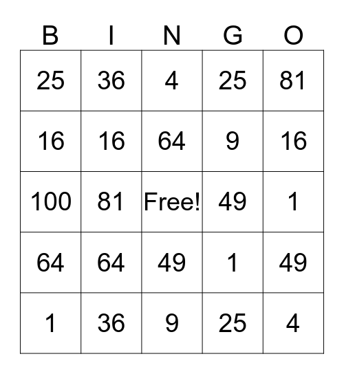 Perfect Squares Bingo Card