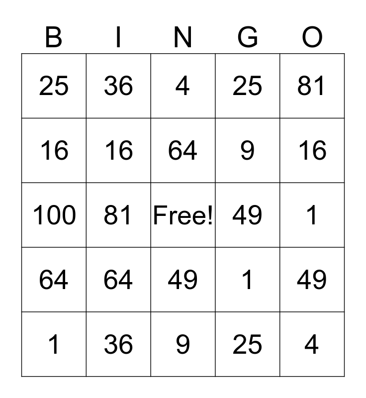 Perfect Squares Bingo Card