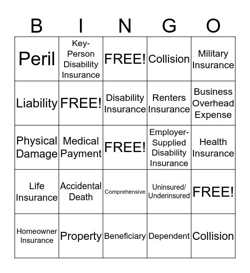 Insurance Bingo Card