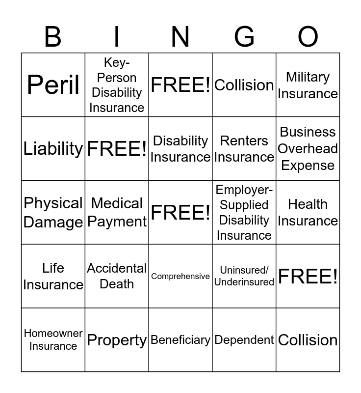 Insurance Bingo Card
