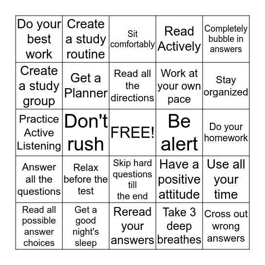 Study Skills Bingo Card