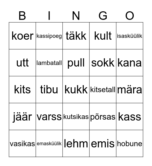 Koduloomad ja nende pojad Bingo Card