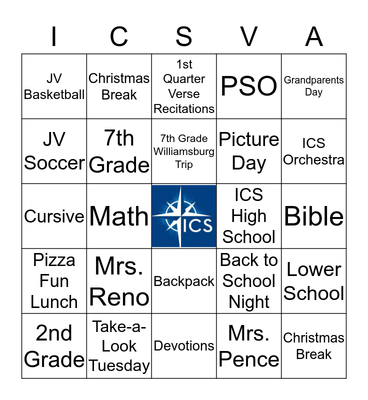 ICS Pasta Palooza 2019 Bingo Card