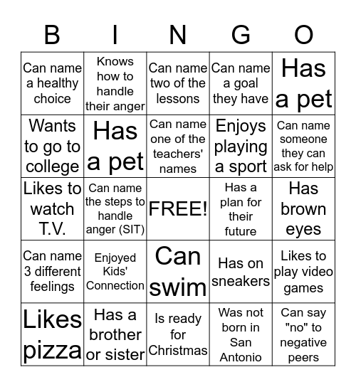 Kids'Connection Bingo Card