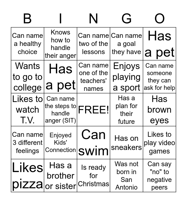 Kids'Connection Bingo Card