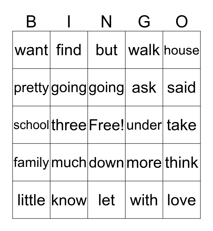 Sight-Word Bingo E-F Bingo Card
