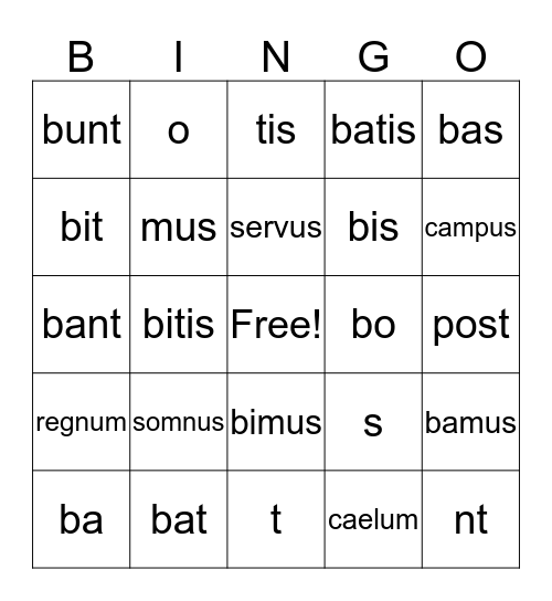 Latin Bingo Card