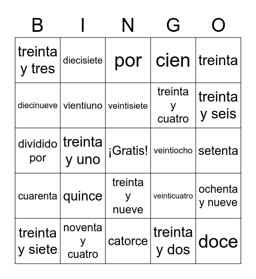 Spanish Numbers Bingo Card