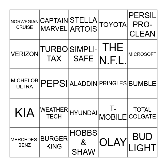 SUPER BOWL COMMERCIAL BINGO Card