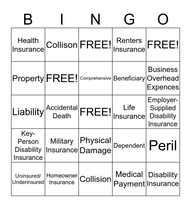 Insurance Bingo Card