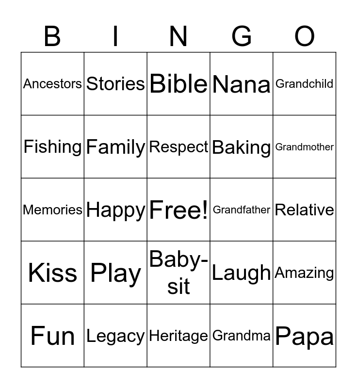 Grandparent's Day Bingo Card