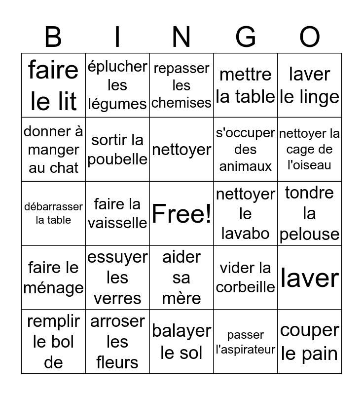 Les travaux domestiques Bingo Card