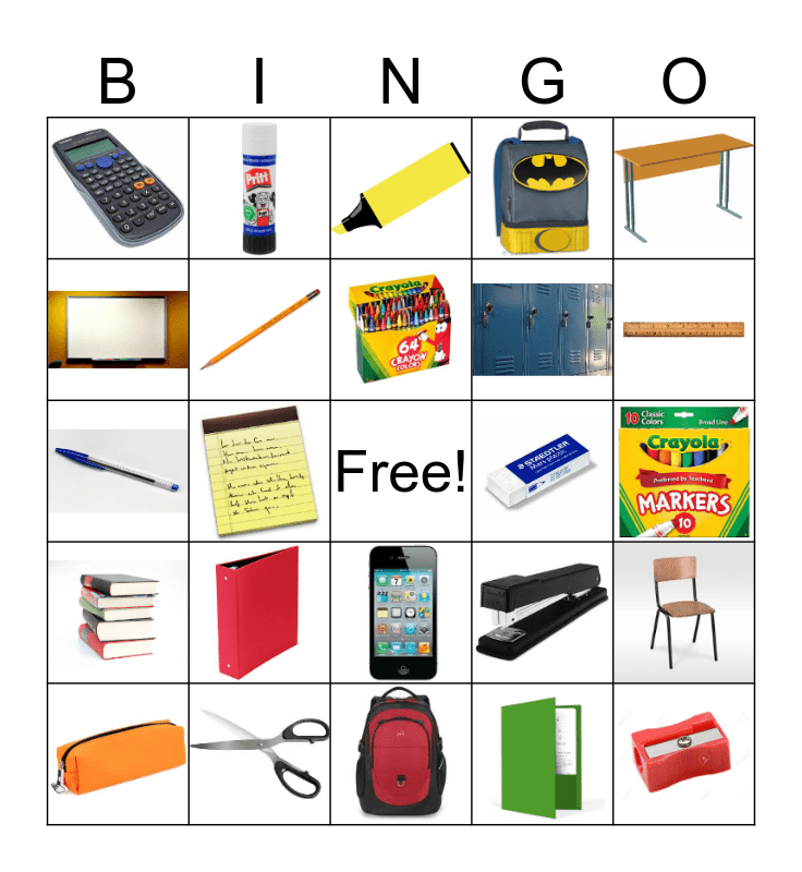 Los utiles de la clase Bingo Card