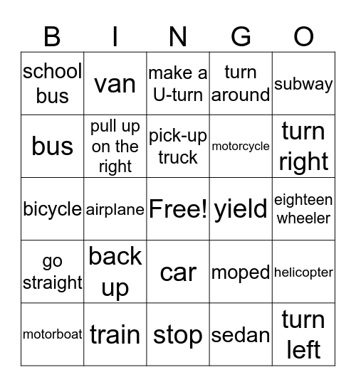 Transportation Bingo Card