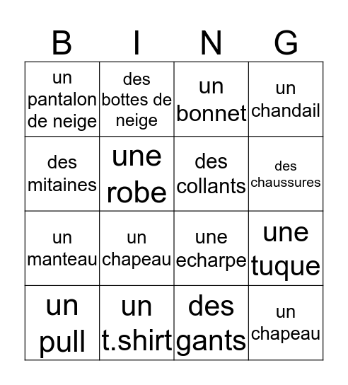 les vetements Bingo Card