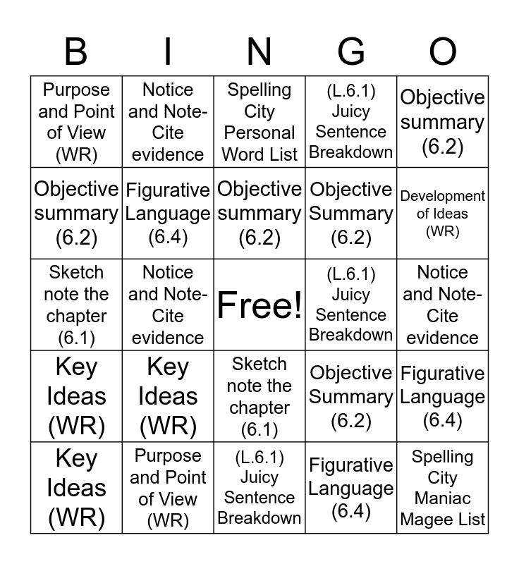Maniac Magee Assessments Bingo Card