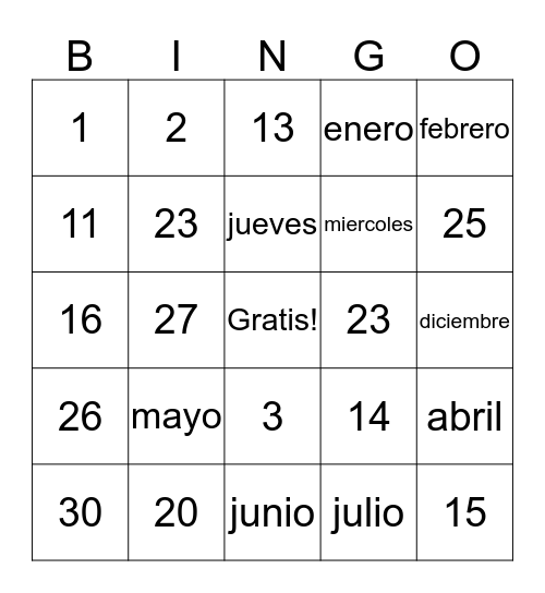 Numbers 1-30 Bingo Card