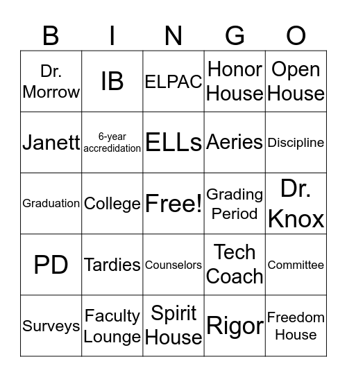 Staff Meeting Bingo Card