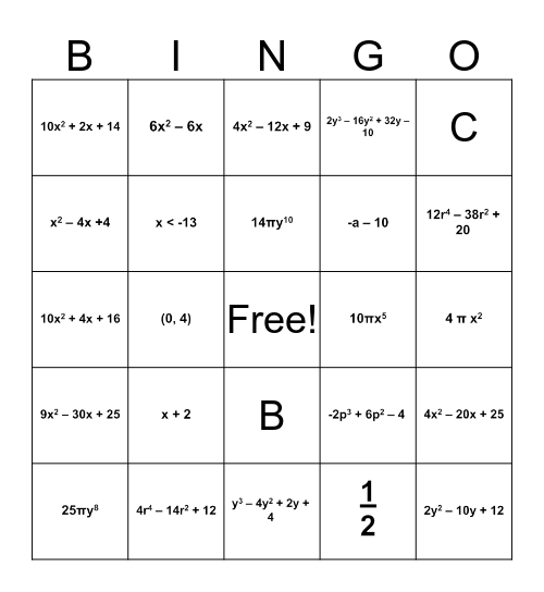 Polynomials Review Bingo Card