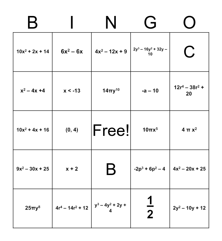 Polynomials Review Bingo Card