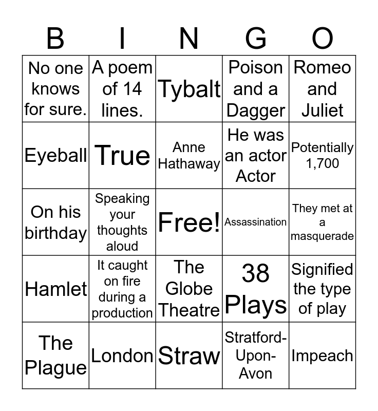 Shakespeare Review Bingo Card
