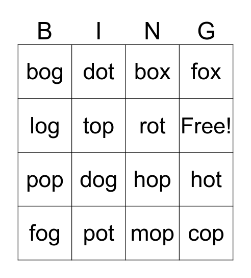 CVC Words-short o Bingo Card