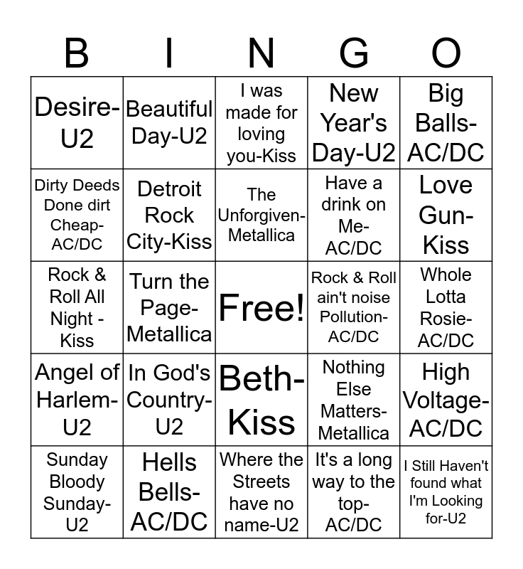 BB20 AC/DC KISS U2 Metallica Bingo Card