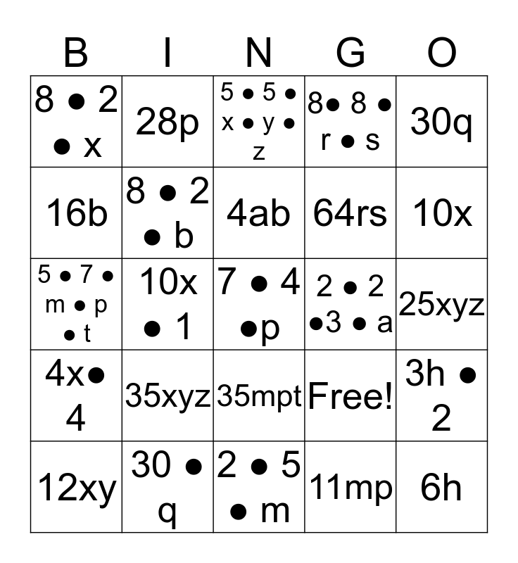 Expanded Multiplication Bingo Card