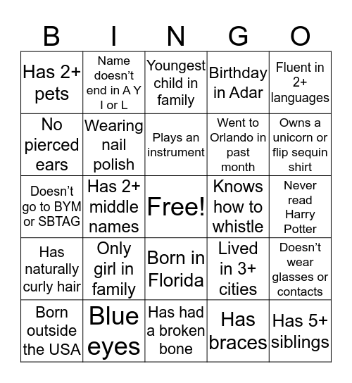 Bat Mitzvah Bingo Card
