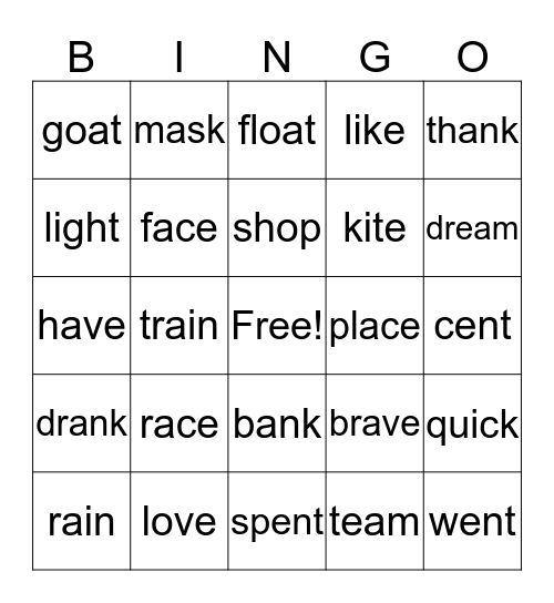 1st Grade Spelling Bingo! Bingo Card