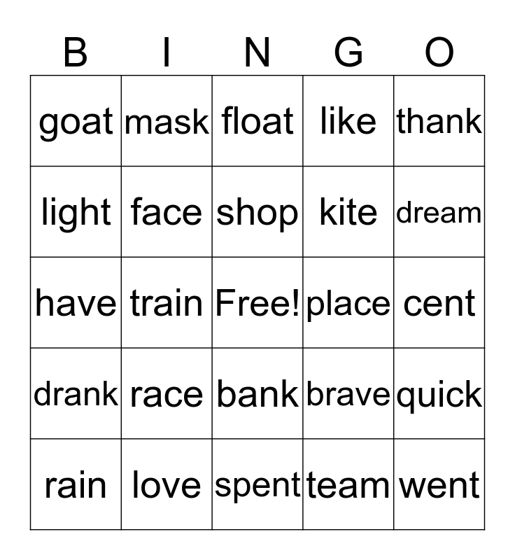 1st Grade Spelling Bingo! Bingo Card