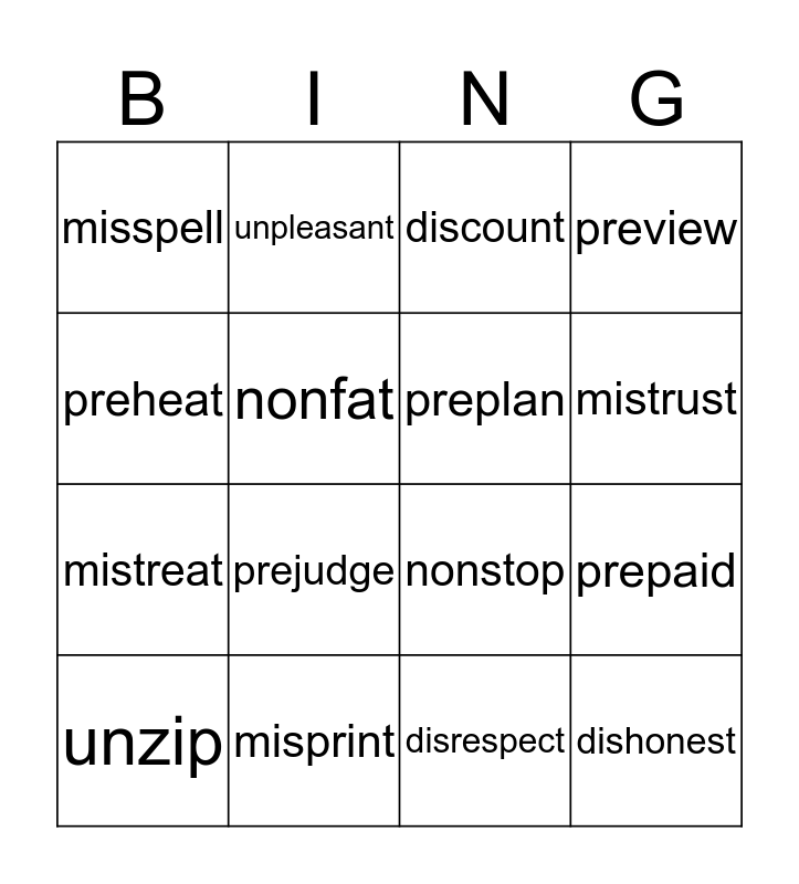 Prefixes: dis, non, un, mis Bingo Card