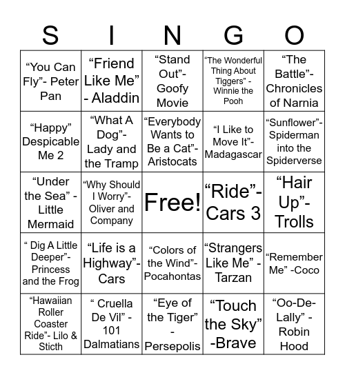 Disney and Animated Movies Bingo Card
