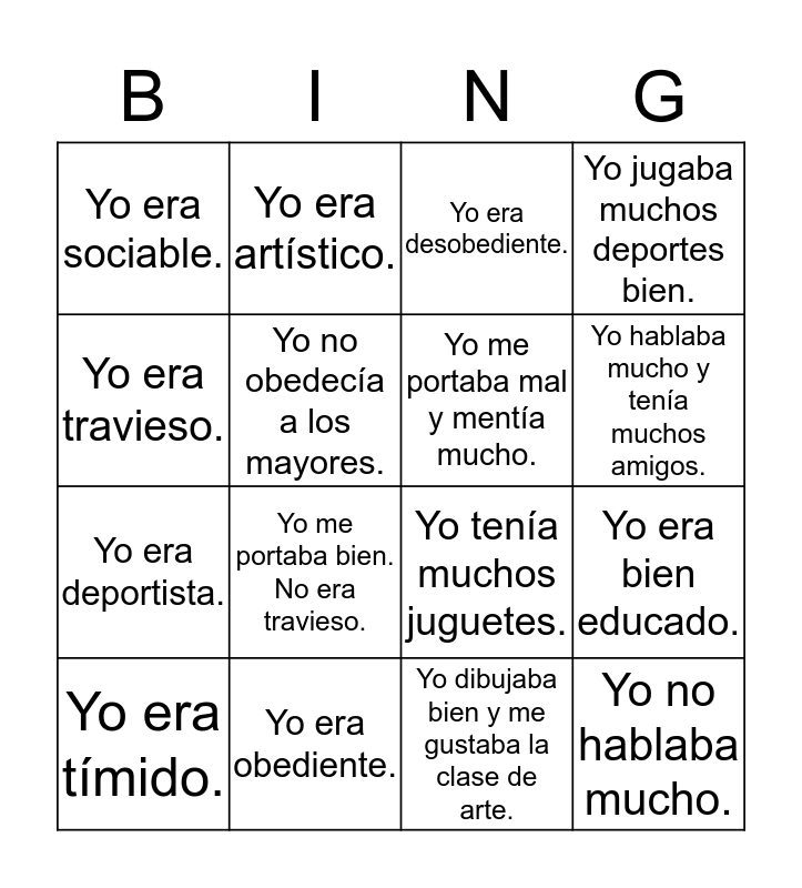 ¿Cómo eras de niño(a)? Bingo Card